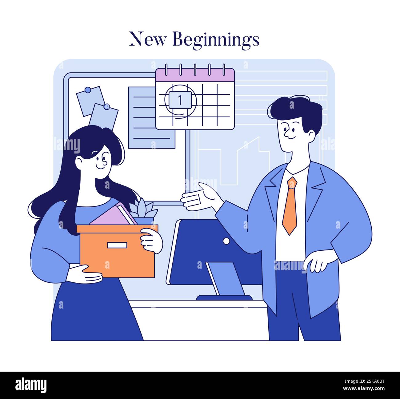 New Beginnings concept. Illustration of a woman starting a new job ...