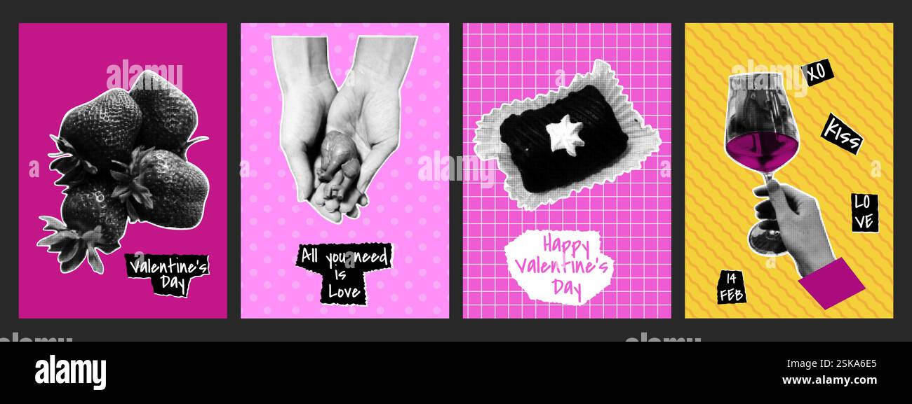 Halftone collage Valentine's Day posters set. Strawberries, heart, cake ...