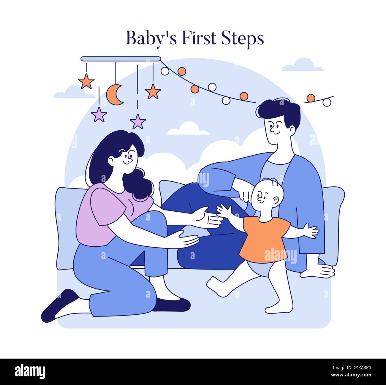 Baby's First Steps concept. Proud parents encouraging their child ...