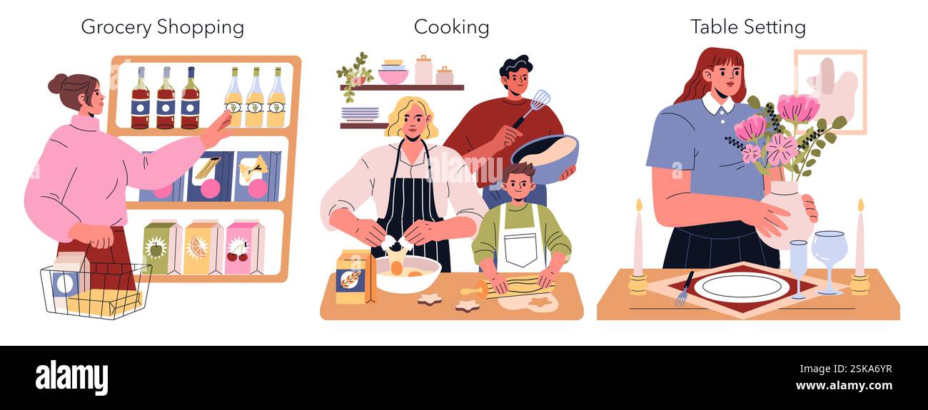 Dinner party preparation sequence showing grocery shopping, cooking ...