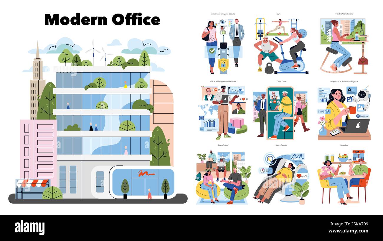 Modern office environment designed for productivity and wellness. Features flexible workstations ...