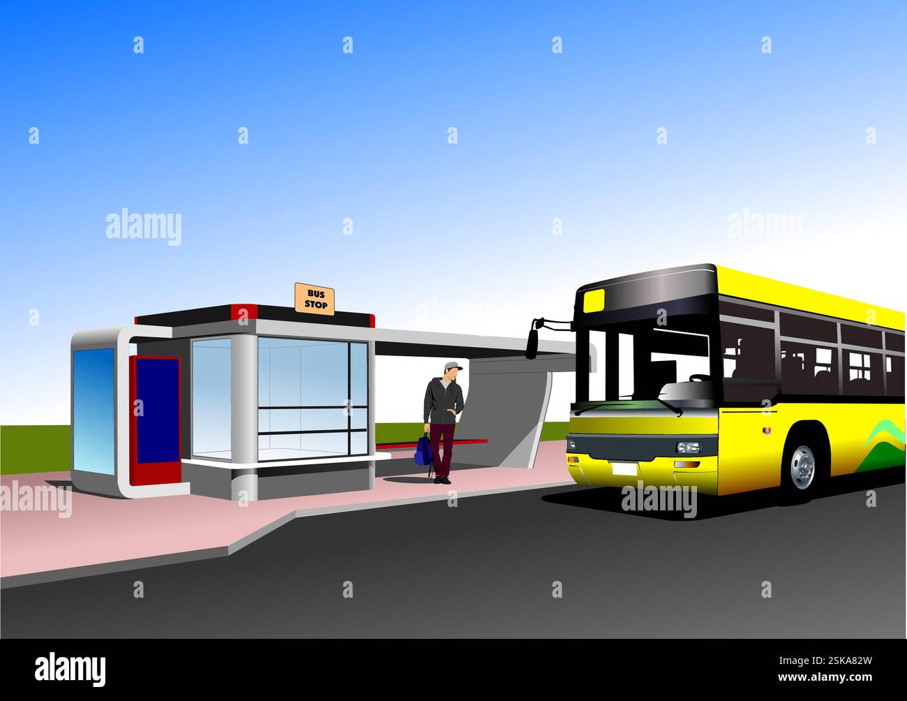 Bus stop - Public transport. Bus ready to go. 3d color hand drawn ...