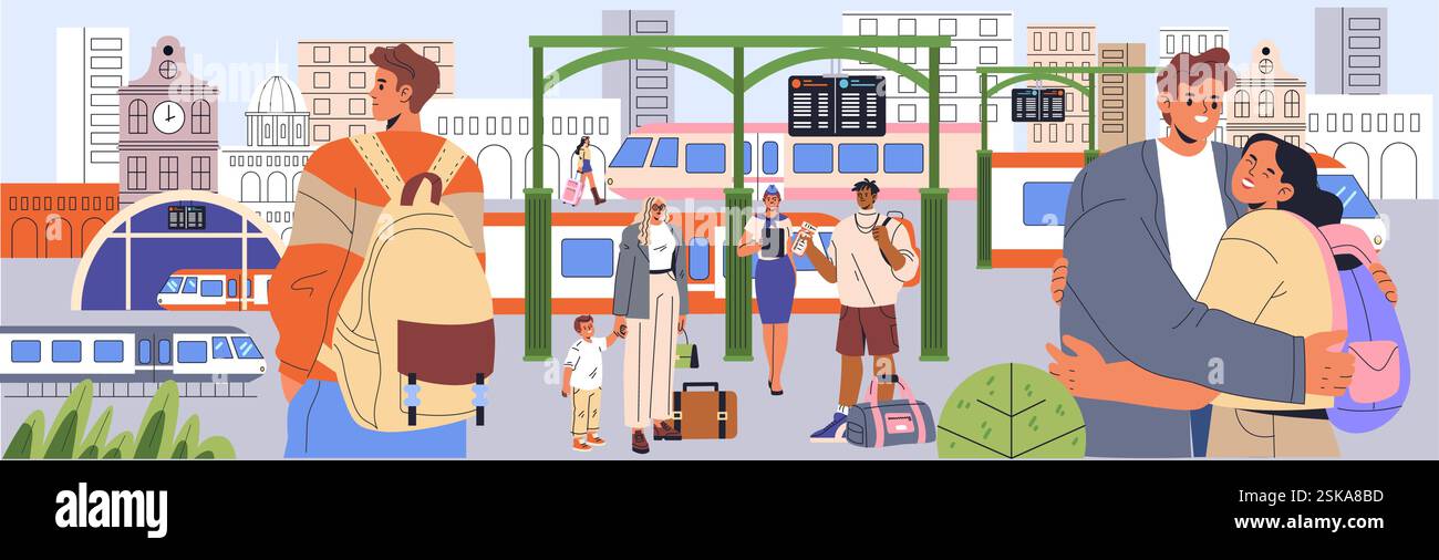 Train Travel concept. A lively illustration of a modern train station ...