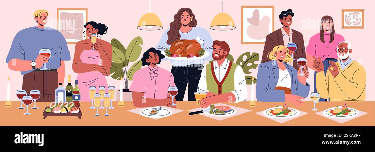 Dinner party illustration featuring a diverse group of friends enjoying ...