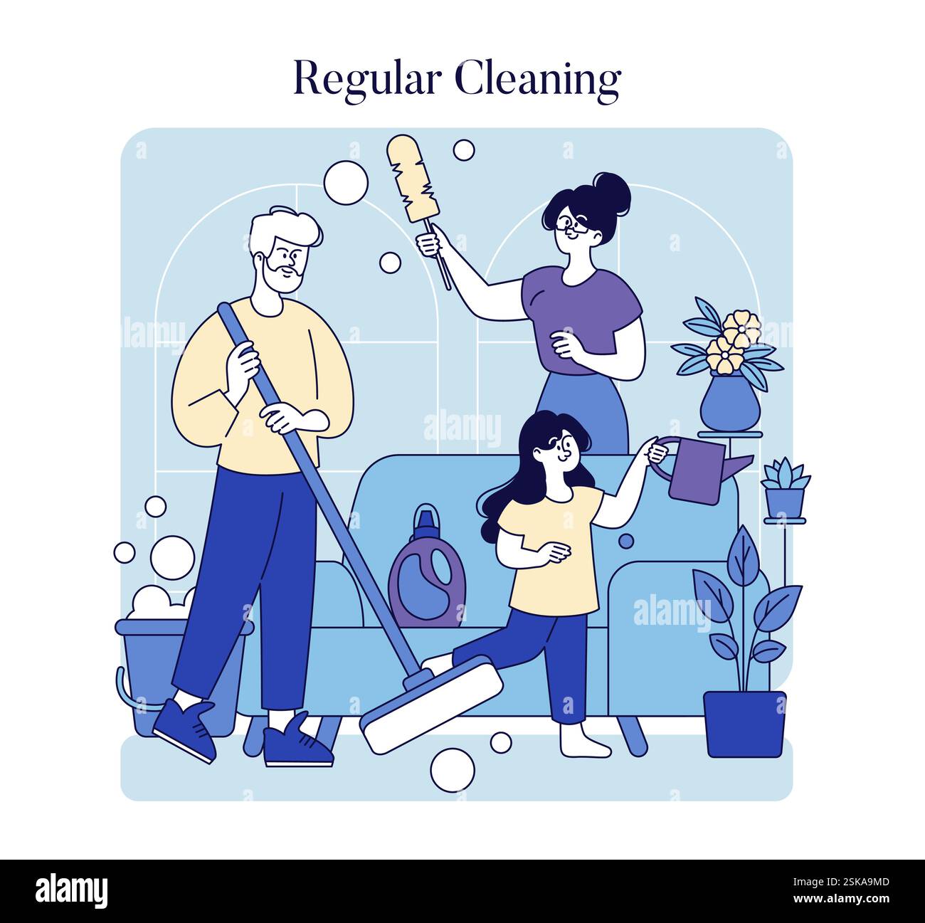 A joyful family engages in the fun activity of cleaning their home ...