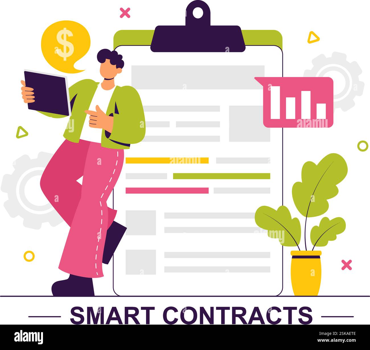 Smart Contract Vector Illustration featuring an Electronic Contract ...
