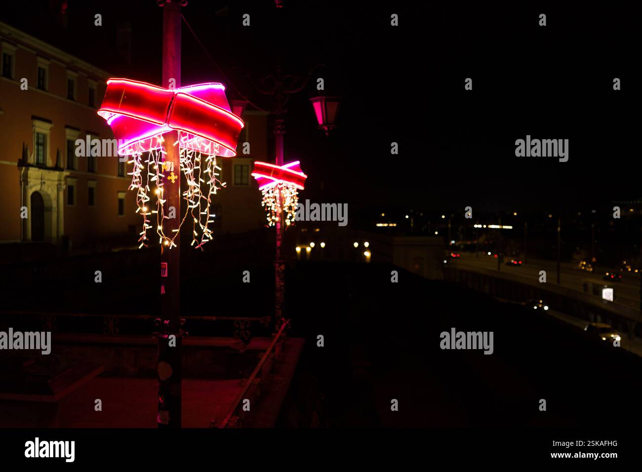 Warsaw, Poland, January 25, 2025 - Festive lights on poles outside the ...