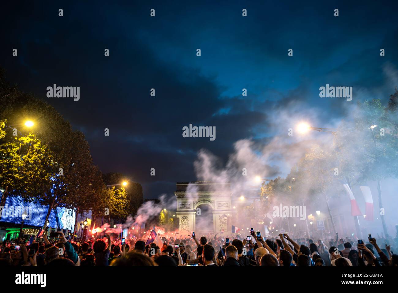 National Celebration with Smoke and Lights on Champs-Élysées by the Arc ...