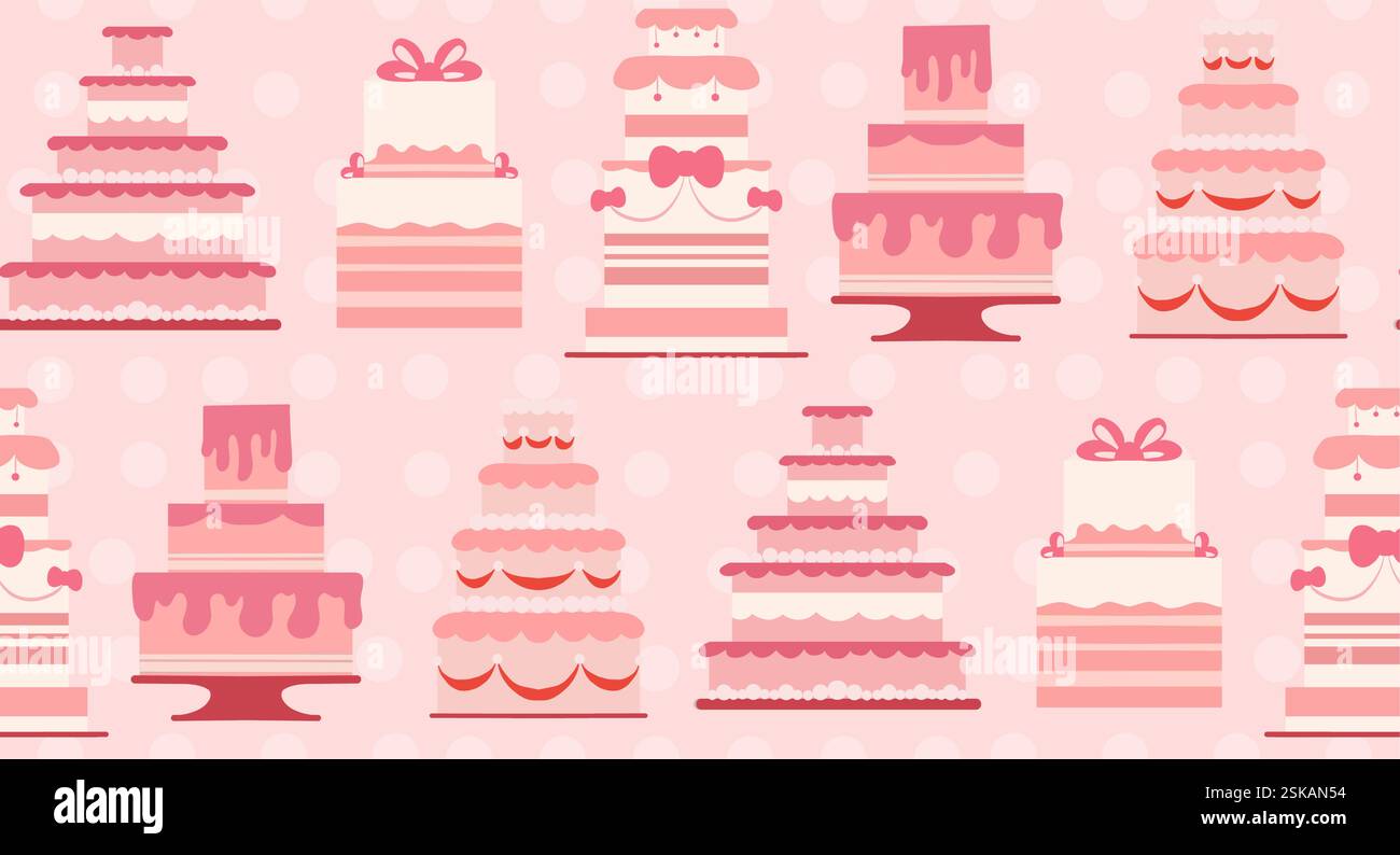 Vector seamless pattern with festive cakes in soft pink colors on polka ...