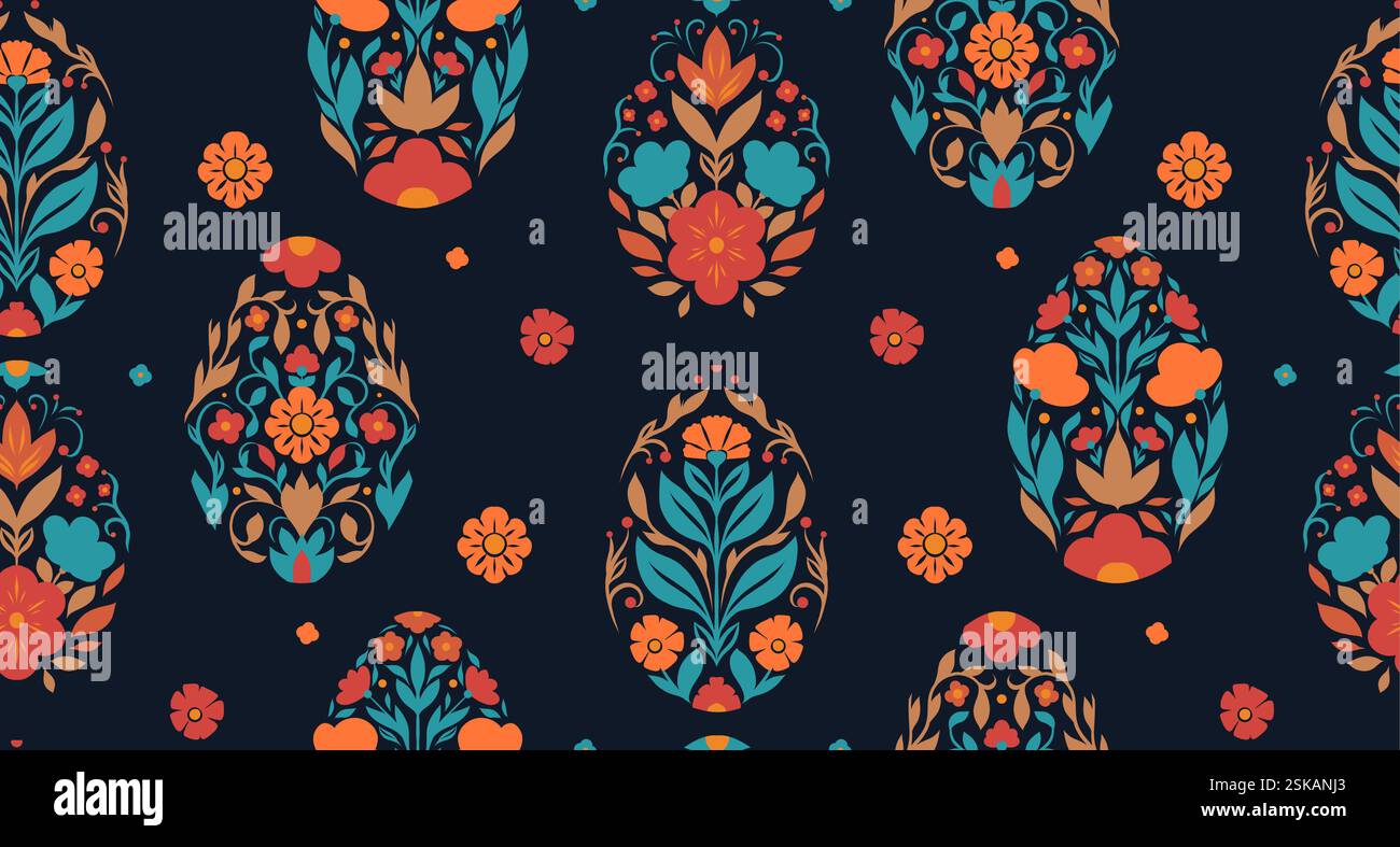 Vector seamless pattern with Easter eggs in folk art style on dark ...