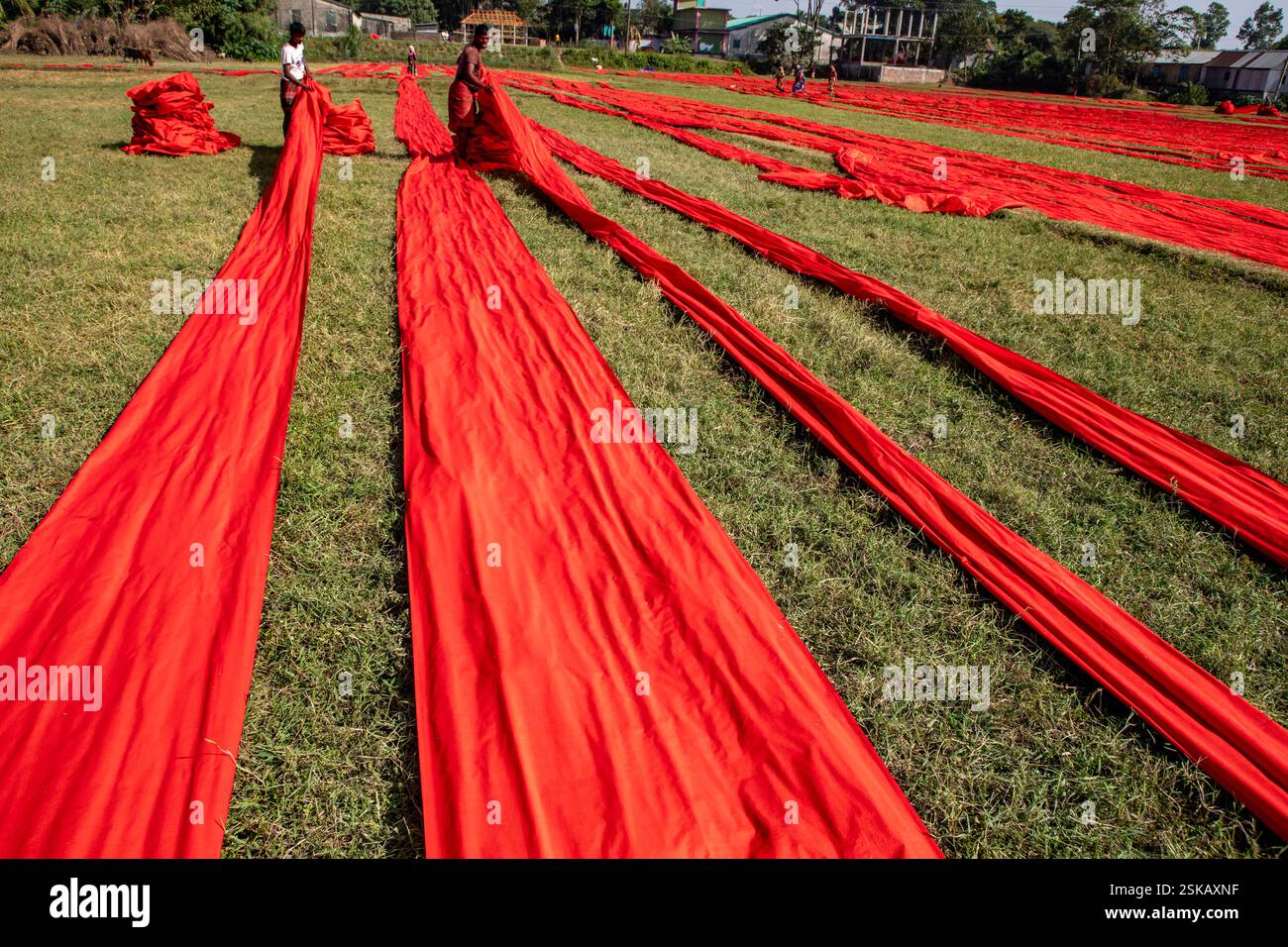 Workers diligently dry freshly dyed clothes in a vast open field near a ...