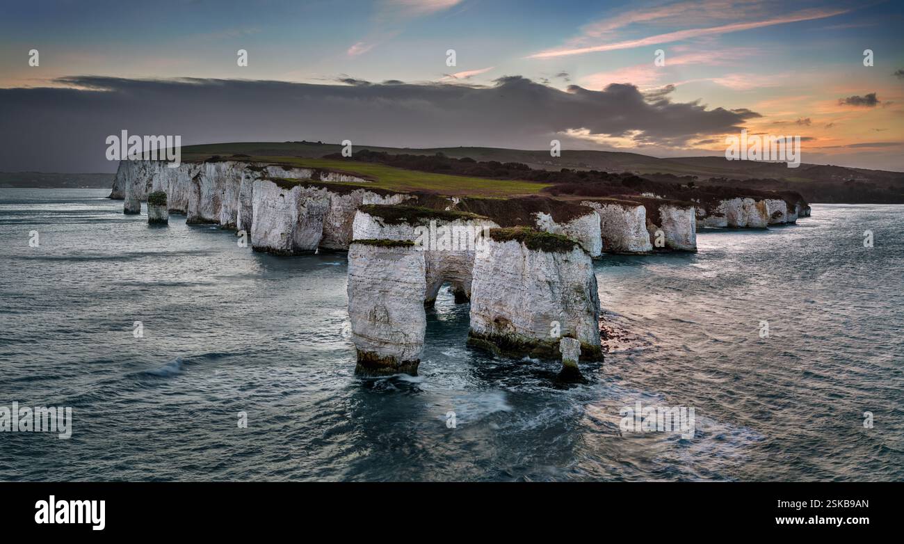 Studland, Dorset, UK - Aerial panoramic view of Old Harry Rocks white ...