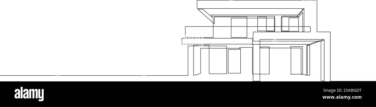 Continuous line drawing of an architecture building. Modern house with ...