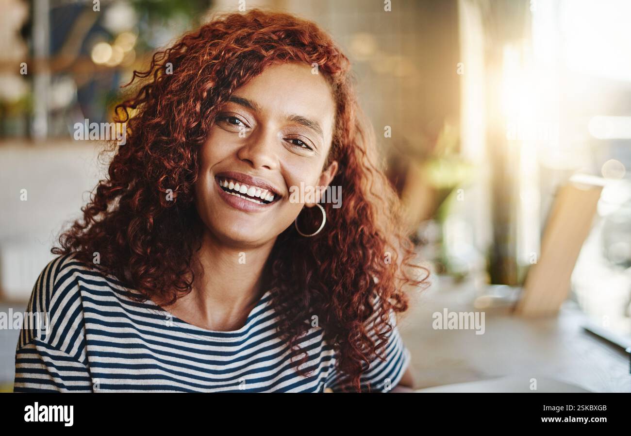 Portrait, happy and woman in cafe, laughing and relax in morning with ...