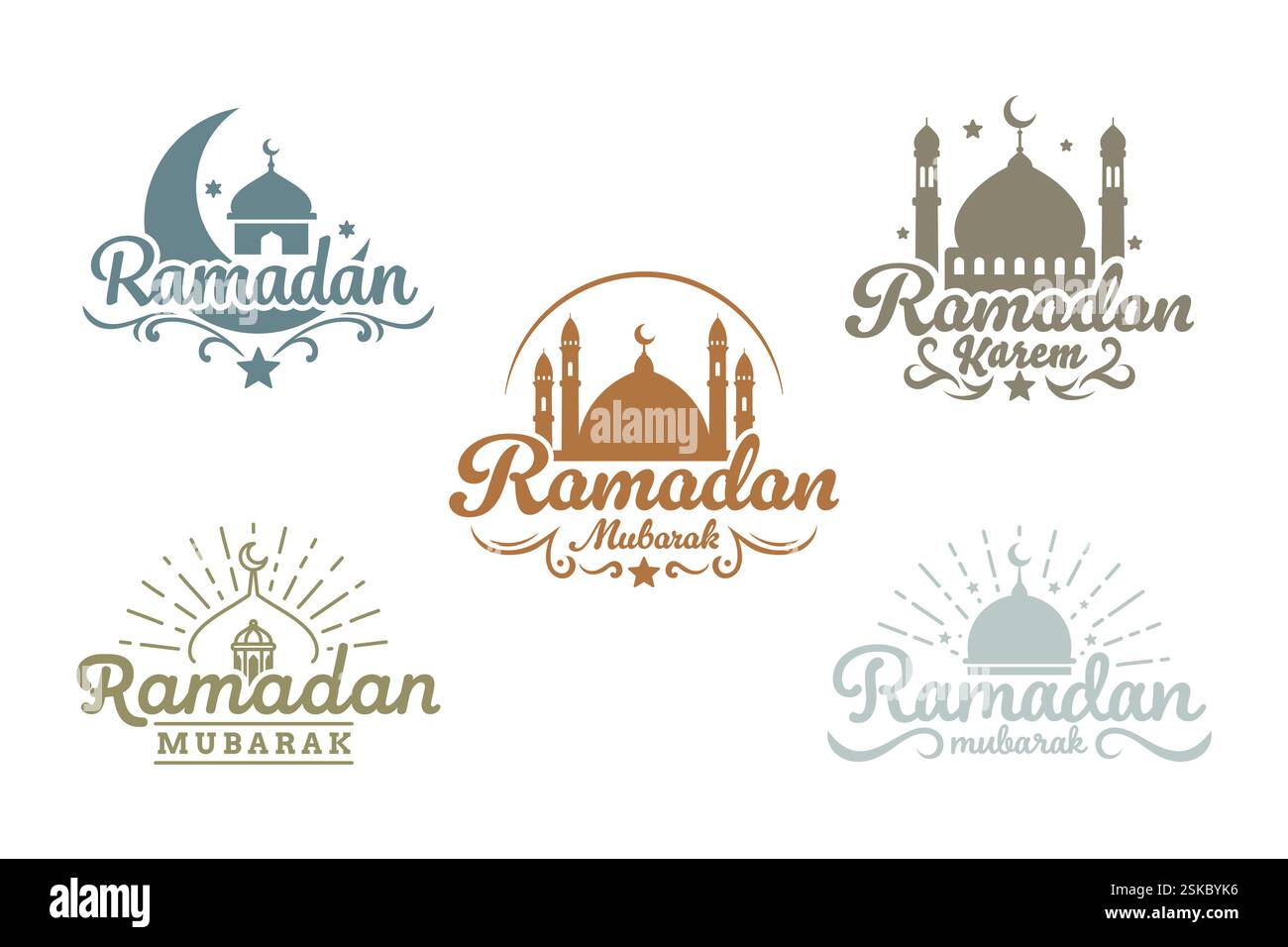 A collection of five distinct Ramadan Mubarak logo designs ...