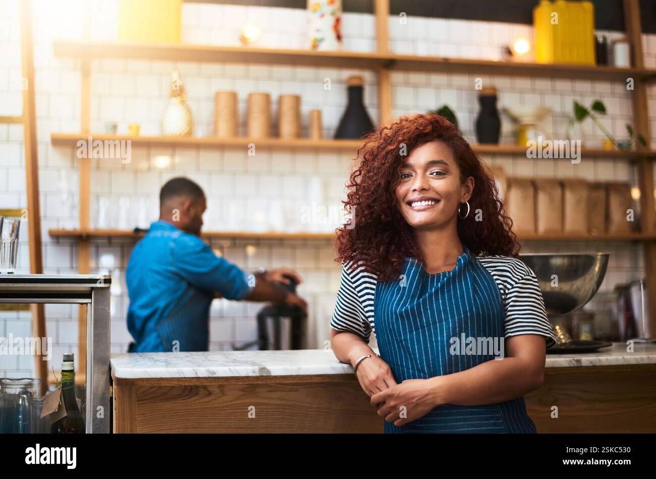 Woman, coffee shop and confident waitress in portrait, hospitality ...