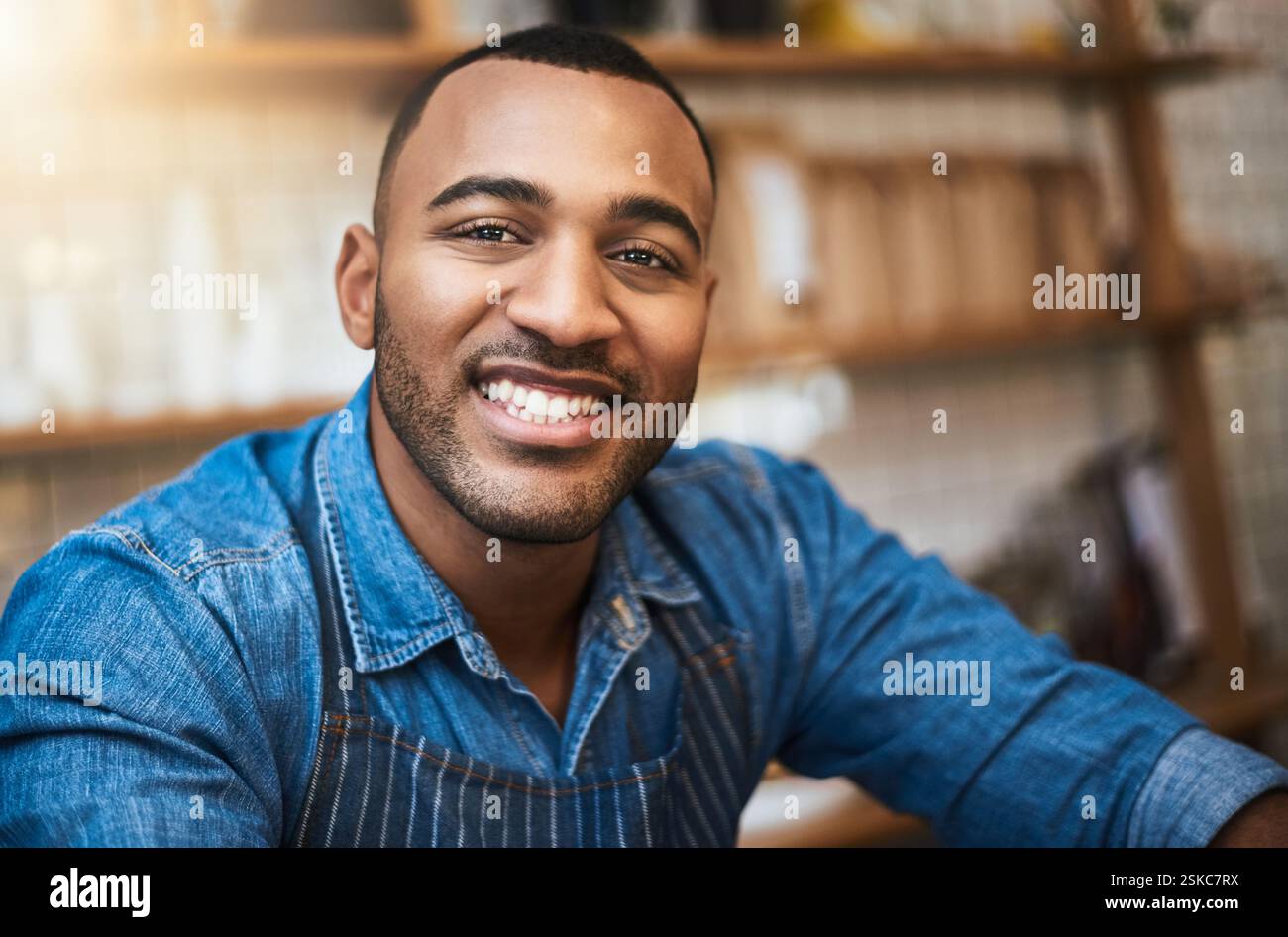Cafe, man and portrait with smile for small business, hospitality and ...