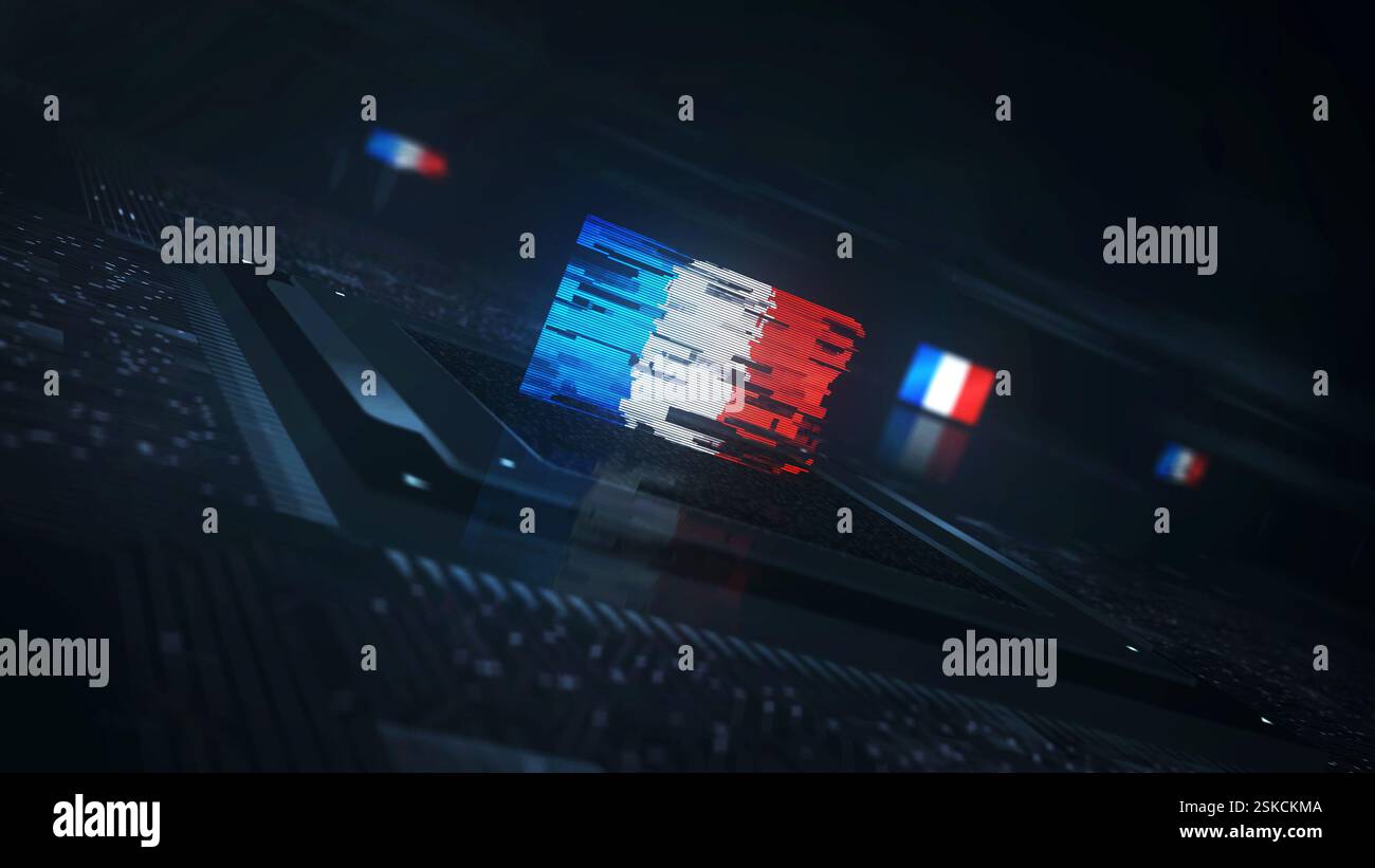 France digital technology flag cyber on on computer CPU in background ...