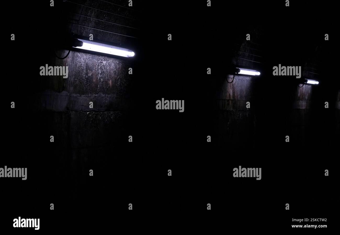 Dark underground corridor barely illuminated by fluorescent tubes Stock ...