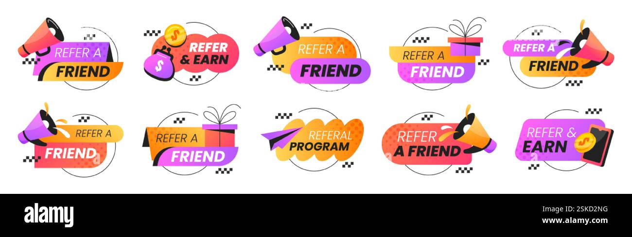 Refer a friend badges vector set. Employee referral program stickers ...