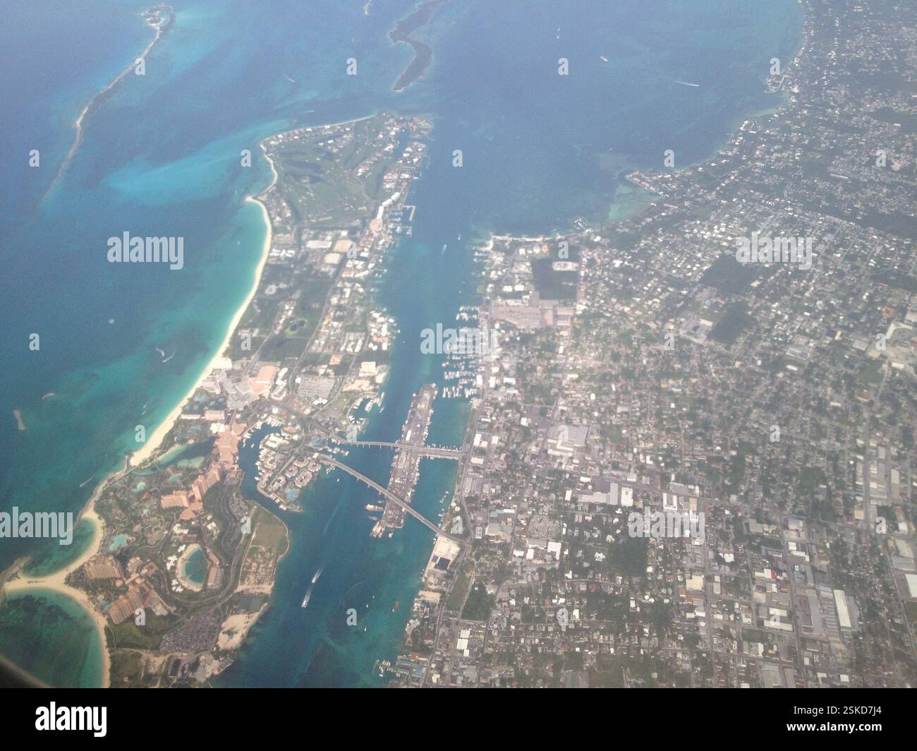 Aerial photo of Nassau, Bahamas. Paradise Island visible in turquoise ...