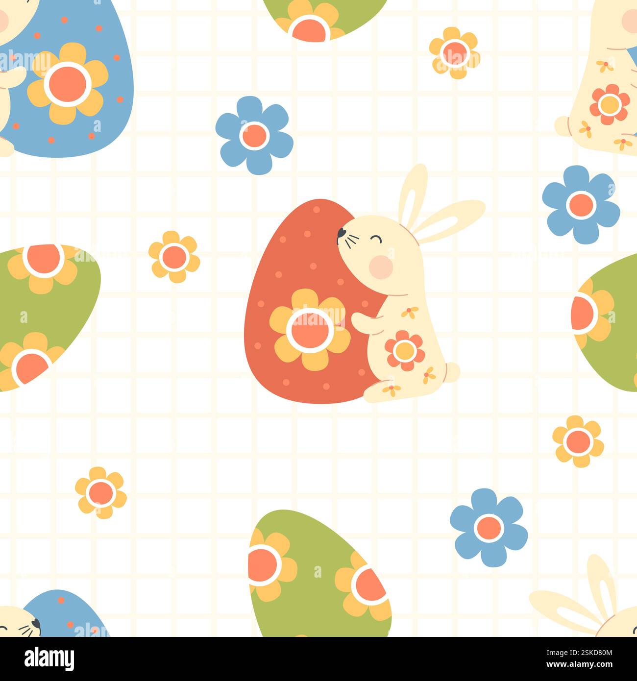 Easter Bunny Seamless pattern. Cute paschal rabbit with decorative Egg on white checkered ...