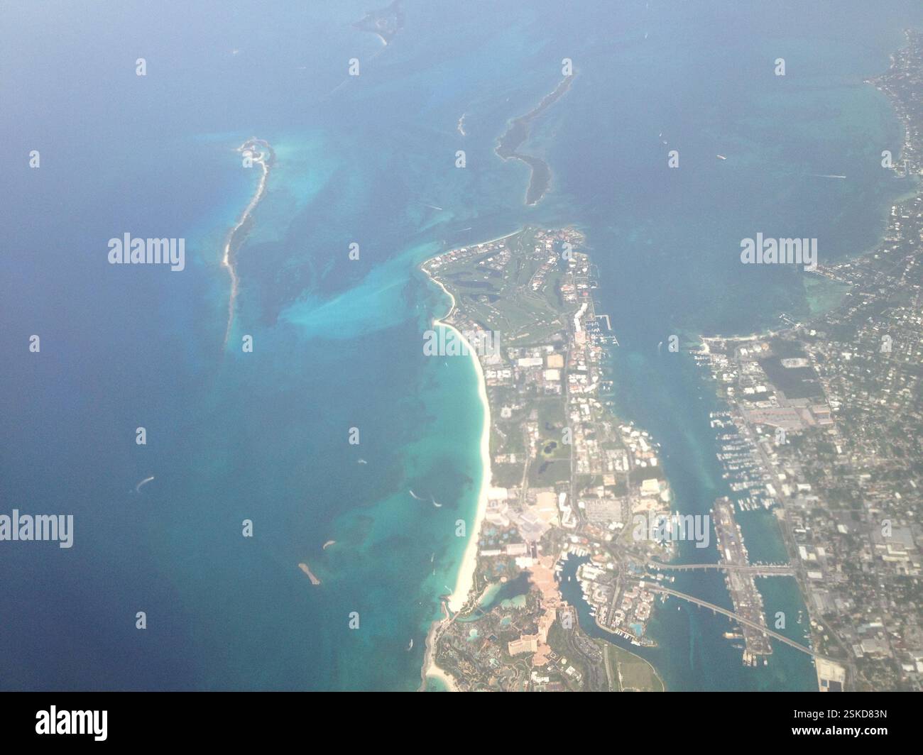 Aerial photo of Nassau, Bahamas. Turquoise water surrounds the island ...