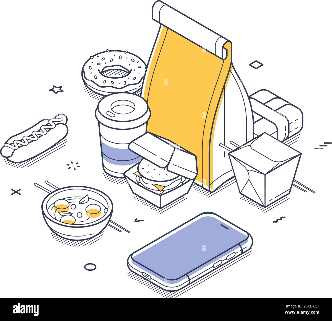 Colorful line art presents a collection of fast food items, including a ...