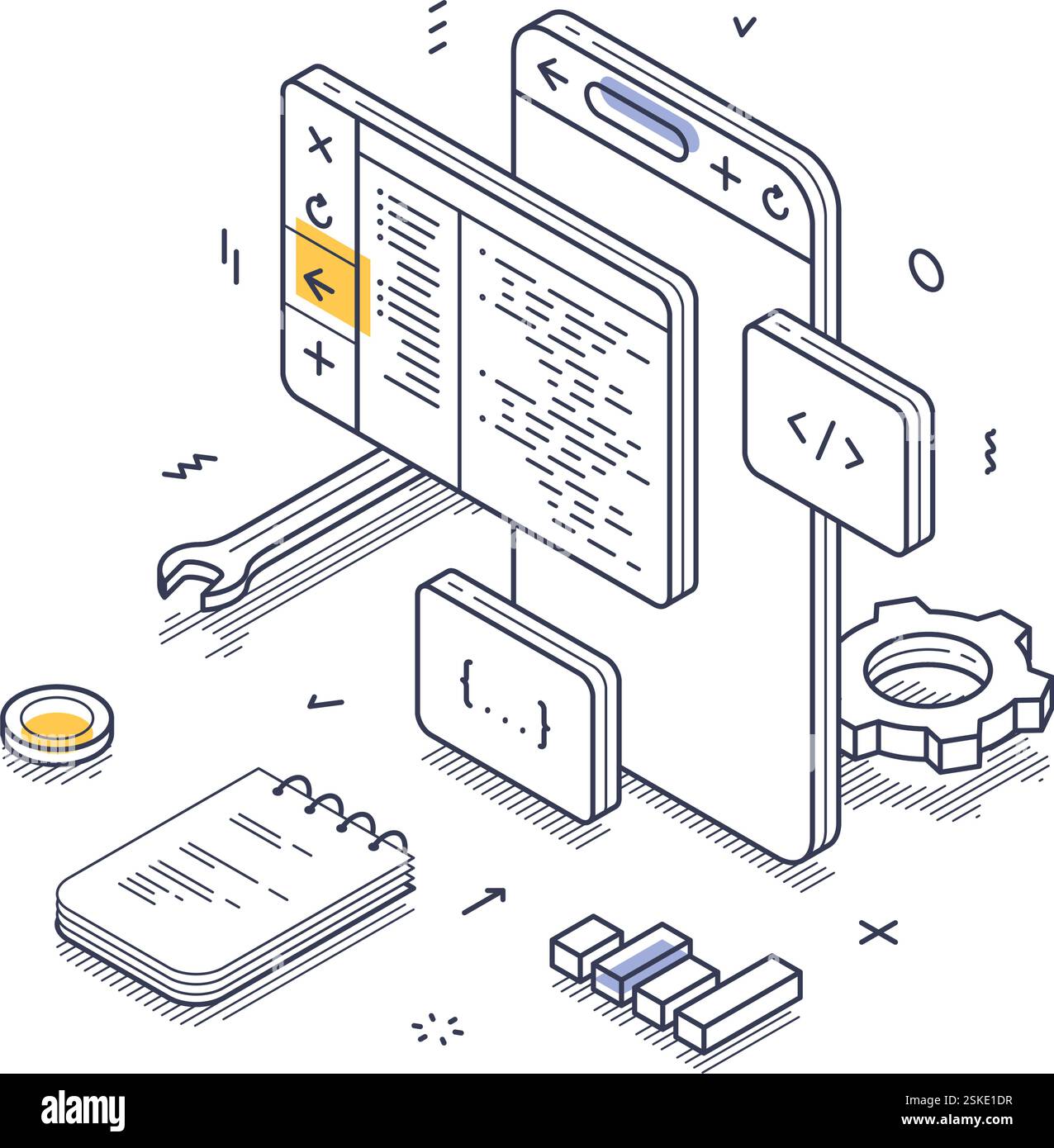 Web development tools in an isometric line art style, including code snippets, a notepad, and ...