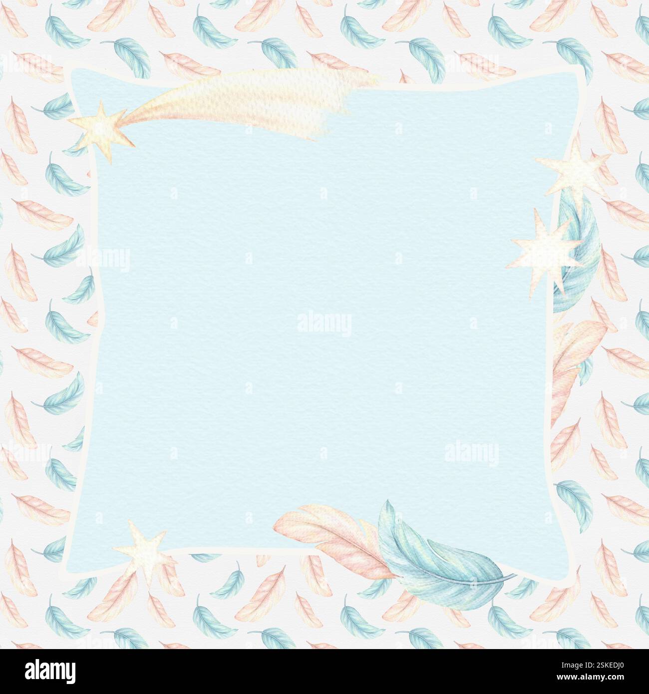 Pink and blue card background with soft feathers and copy space in cute ...