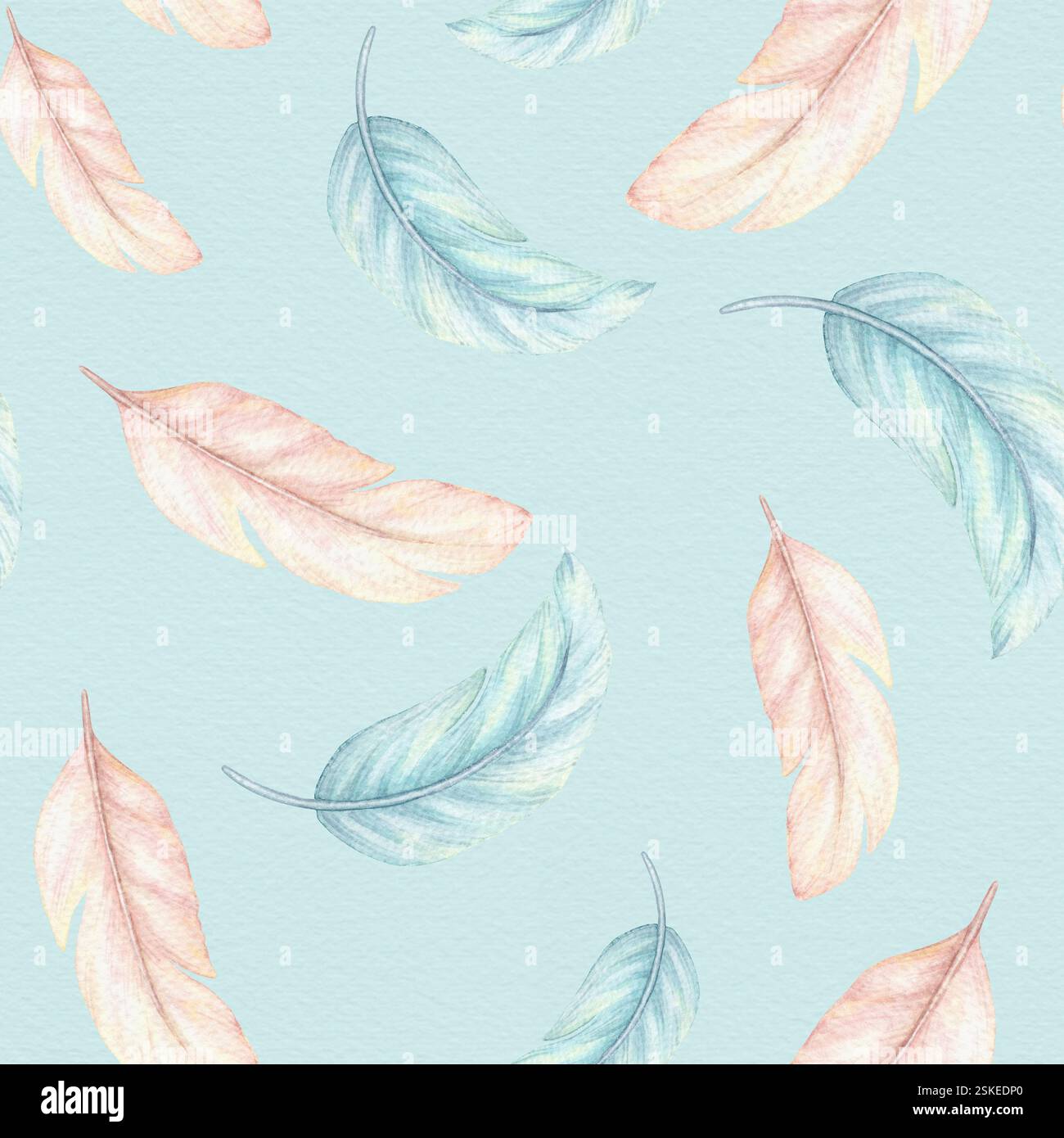 Pink and blue flying feathers seamless pattern in cartoon style. Hand ...