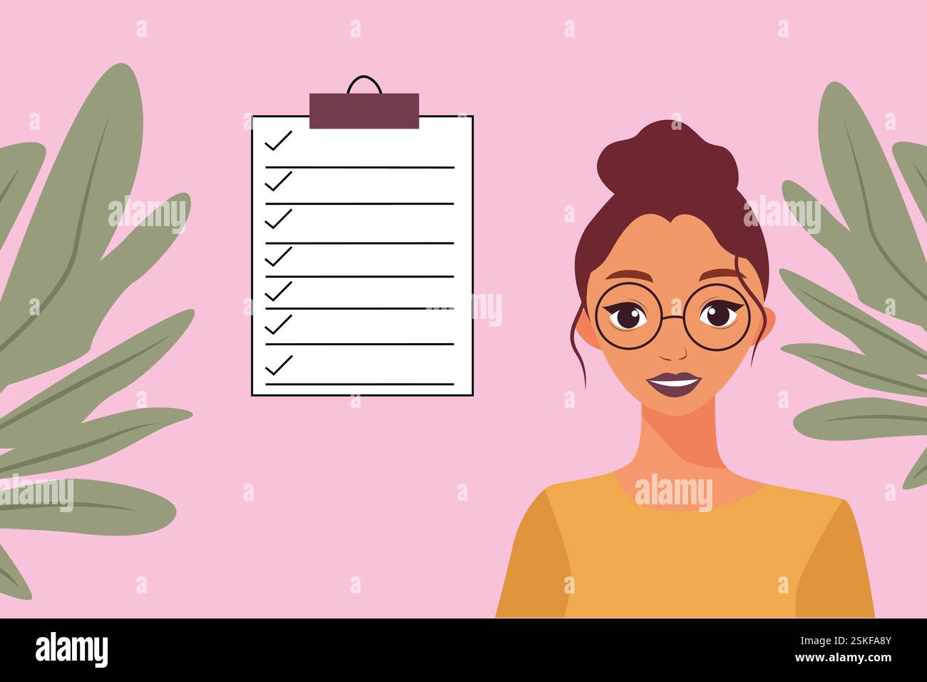 happy woman with glasses, a checklist, and green leaves on a pink ...