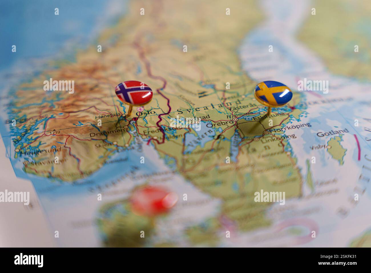 Map of Sweden and Norway with push pins marking cities. Scandinavia ...