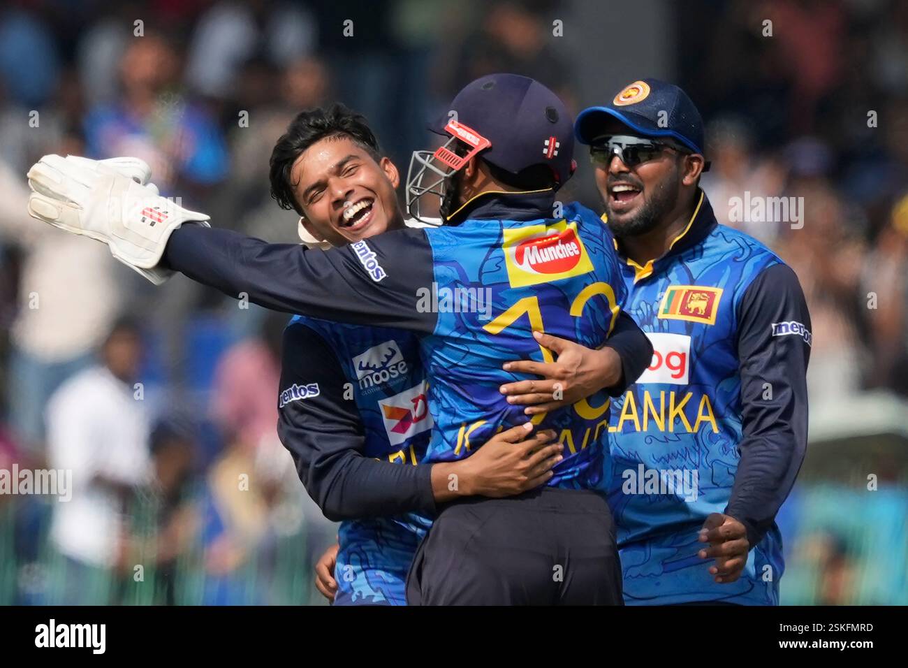 Sri Lanka's Danith Wellalage celebrates the wicket of Australia's ...