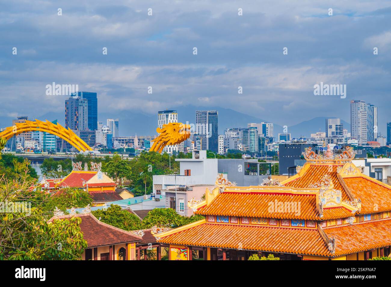 Panoramic view of Da Nang city center and Dragon Bridge. Da Nang ...