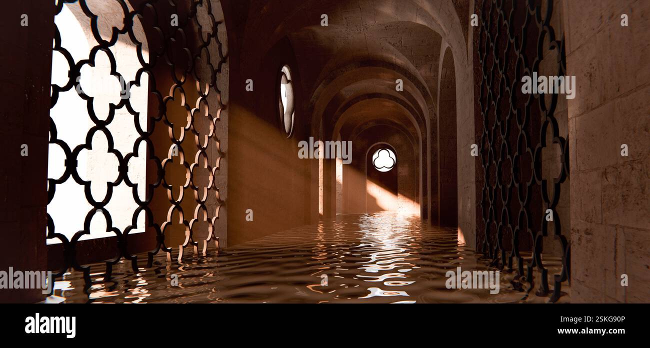 Medieval Tunnel Background, Water Reflections and Sunbeams, 3D Render ...