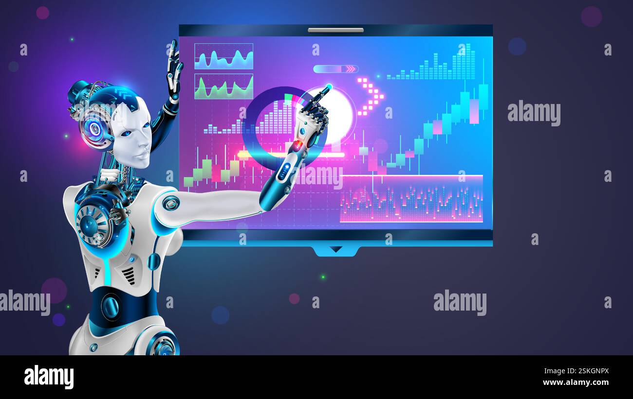 Robot AI trader analyses chart of stock exchange market. Woman robot trader education trading ...