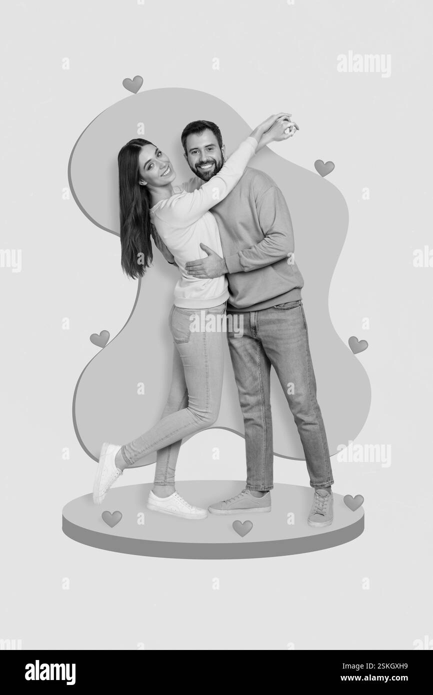Vertical collage image of two cheerful black white colors people cuddle painted hearts isolated ...