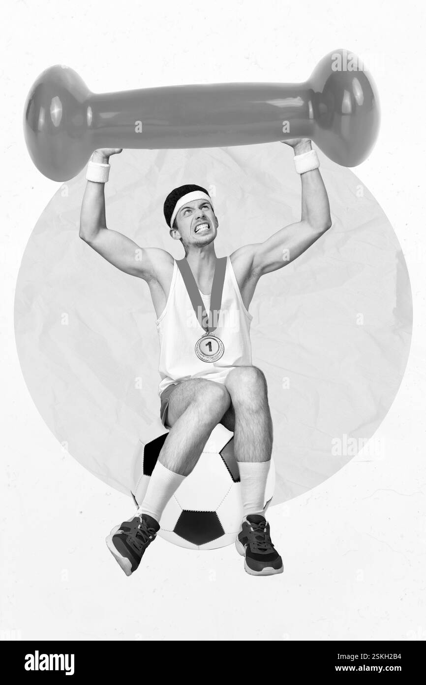 Creative collage photo of young sportsman hardworking strong biceps ...