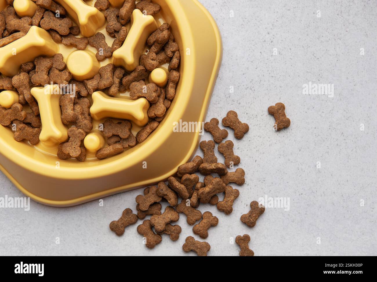 Dry dog kibble spilling from a slow feeder bowl designed to prevent ...