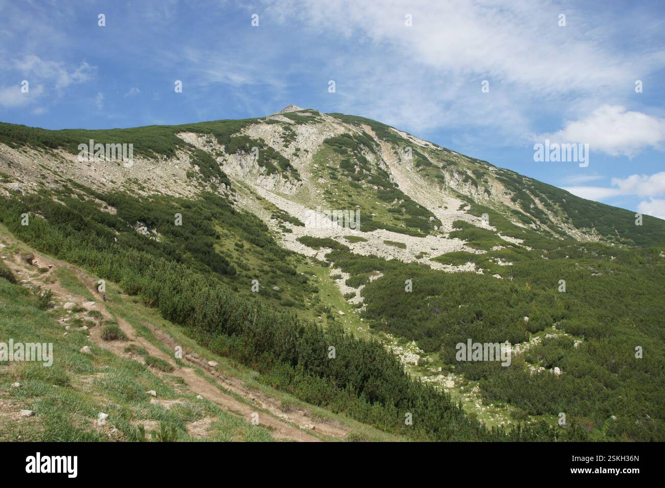Mountain. Lush green slopes rise to a rocky peak under a clear blue sky ...
