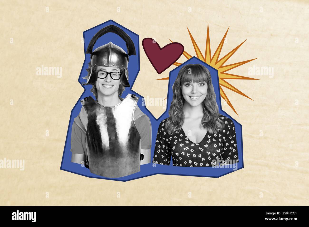 Exclusive art banner collage of two happy girl guy couple knight wear ...