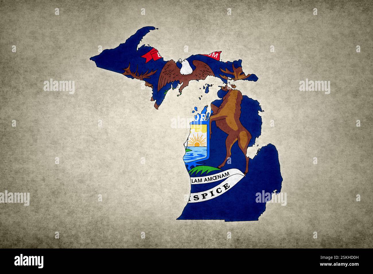 Grunge map of the state of Michigan (USA) with its flag printed within ...