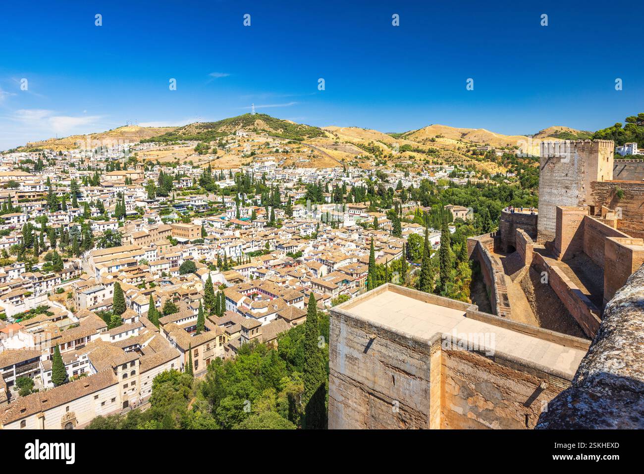 Granada town in Spain from the Alhambra complex. Panoramic view of a ...