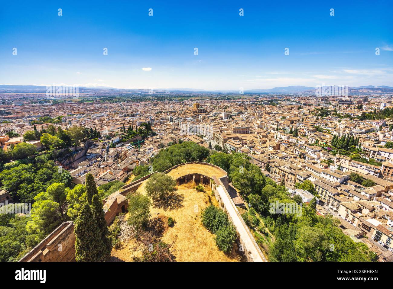 Granada town in Spain from the Alhambra complex. Panoramic view of a ...