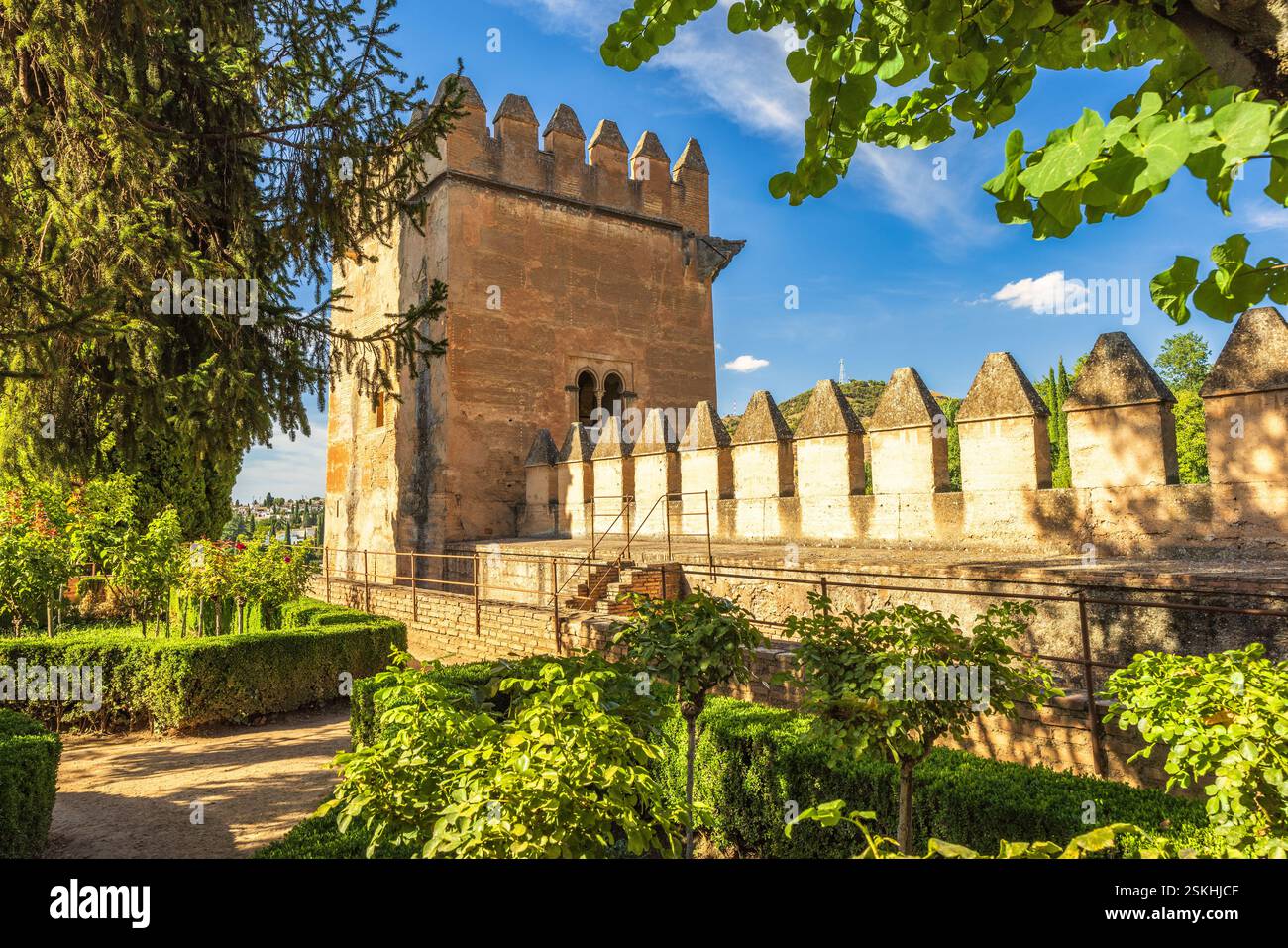 Alhambra complex in Granada town, Andalusia, Spain. Ancient stone tower ...