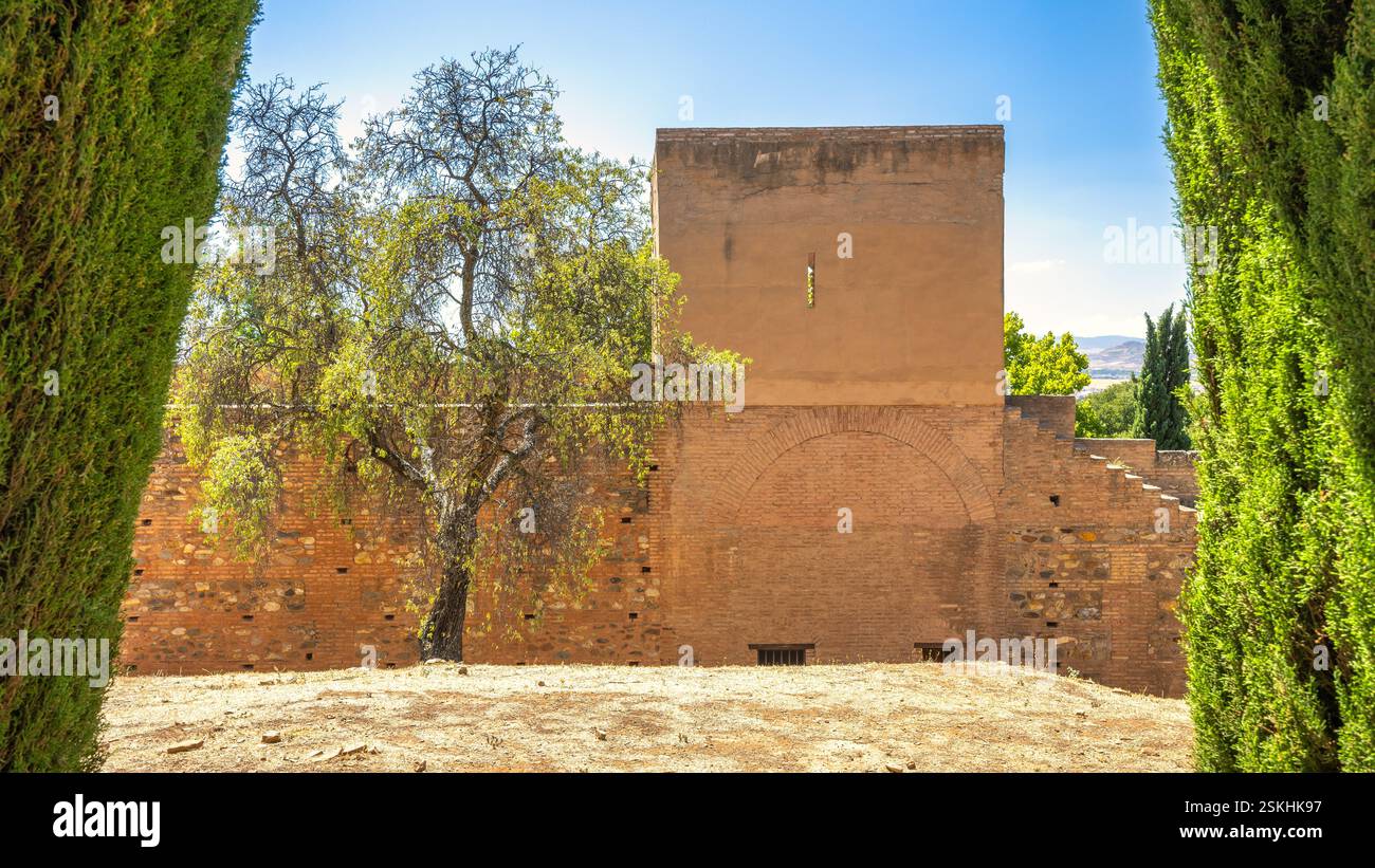Alhambra complex in Granada town, Andalusia, Spain. Ancient brick wall ...
