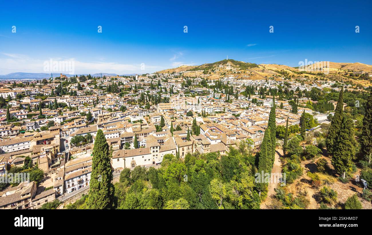 Granada town in Spain from the Alhambra complex. Panoramic view of a ...