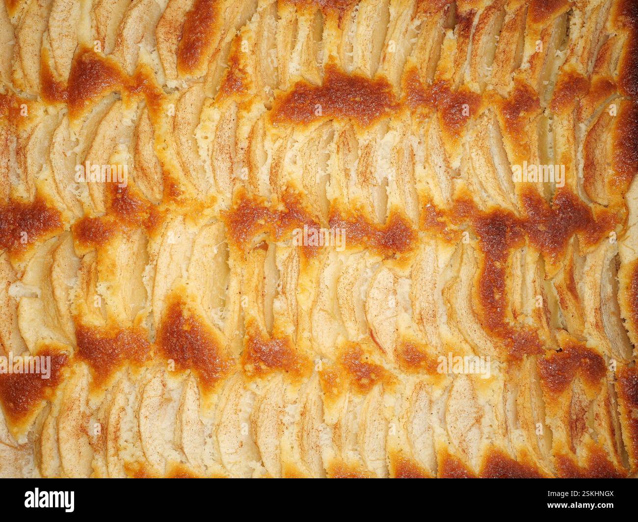 Freshly baked golden brown apple cake on the tray. Crispy edges, juicy ...
