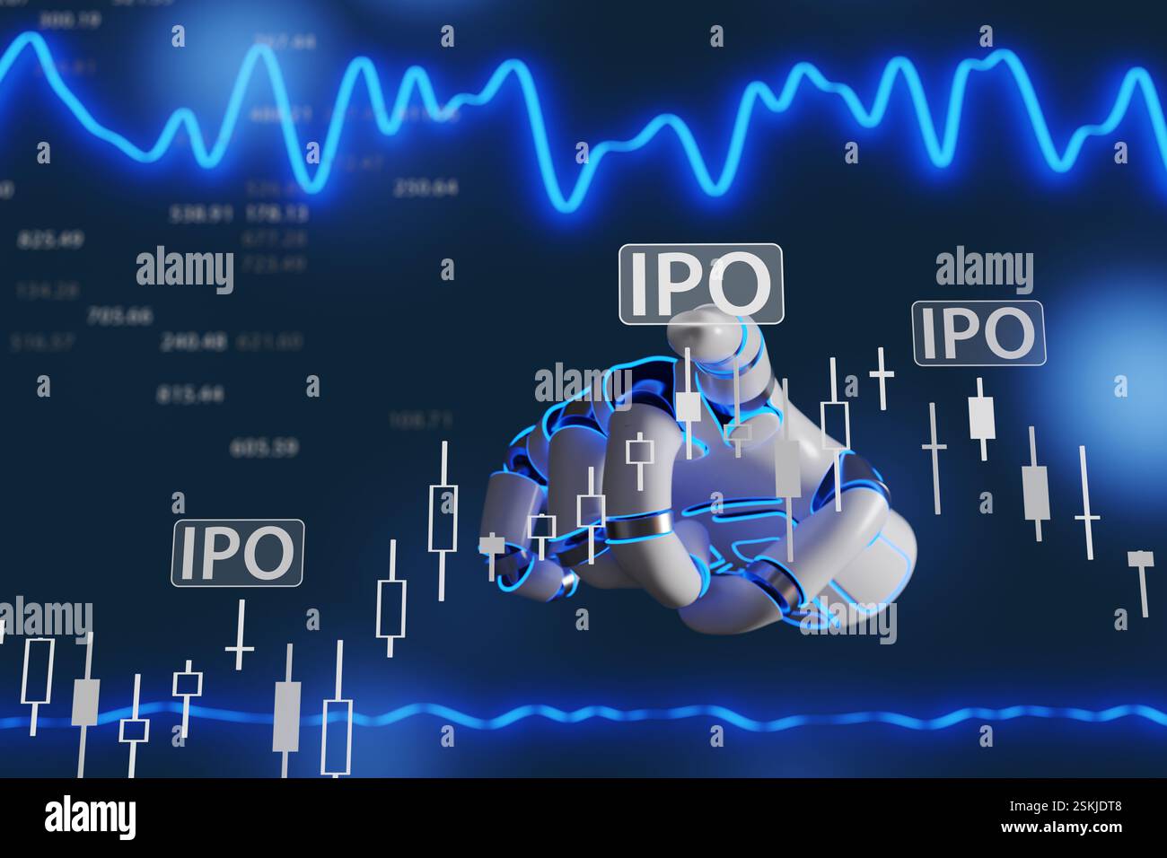 White robotic finger pointing at a stock candlestick chart labelled with IPO on a computer ...